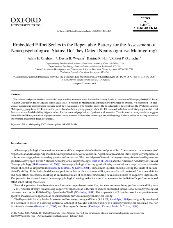 (PDF) Embedded Effort Scales in the Repeatable Battery for the Assessment of Neuropsychological ...
