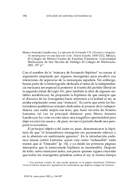 (PDF) Marco Antonio Landavazo. La mascara de Fernándo VII. Discurso e ...