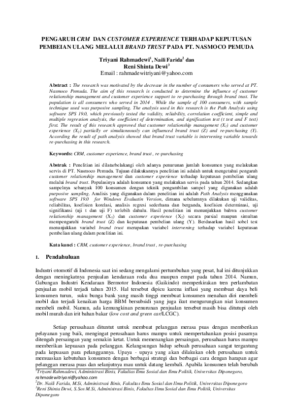 (PDF) Pengaruh CRM Dan Customer Experience Terhadap Keputusan Pembeian ...