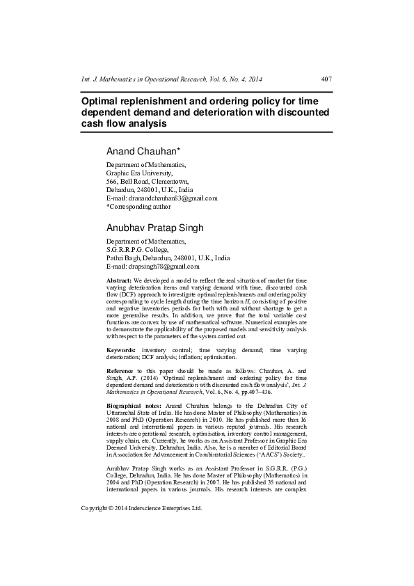 Pdf Optimal Replenishment And Ordering Policy For Time Dependent Demand And Deterioration With