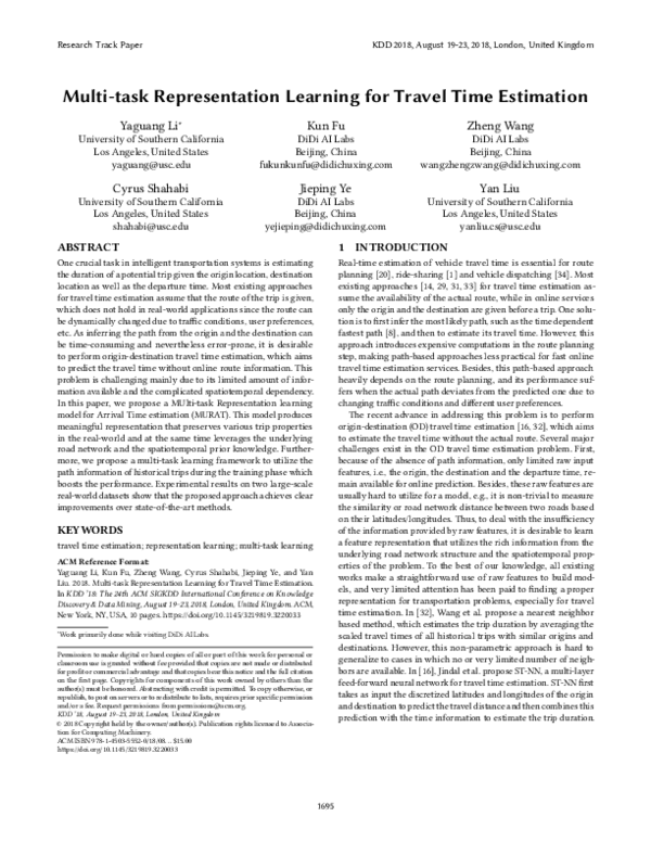 (PDF) Multi-task Representation Learning for Travel Time Estimation