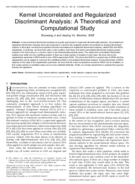(PDF) Kernel Uncorrelated and Regularized Discriminant Analysis: A Theoretical and Computational ...