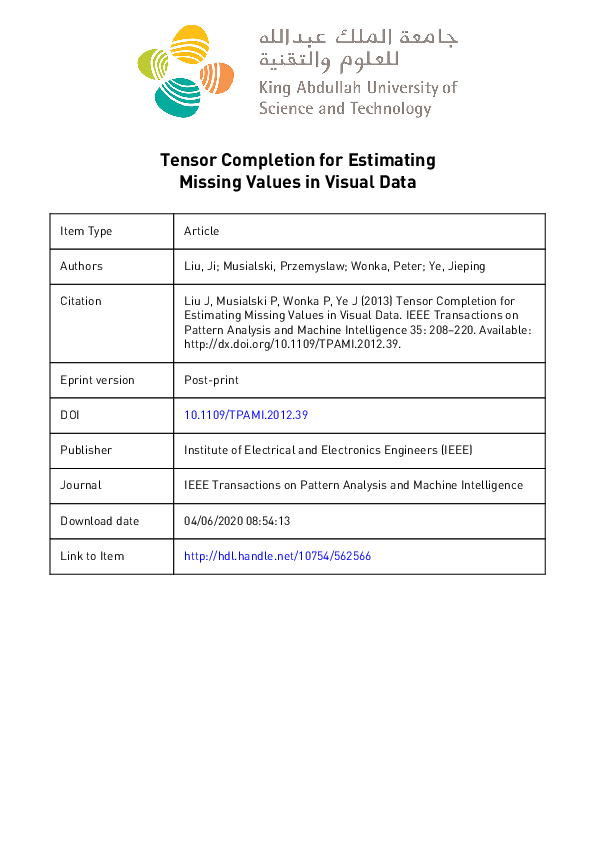 (PDF) Tensor Completion for Estimating Missing Values in Visual Data | Jieping Ye - Academia.edu