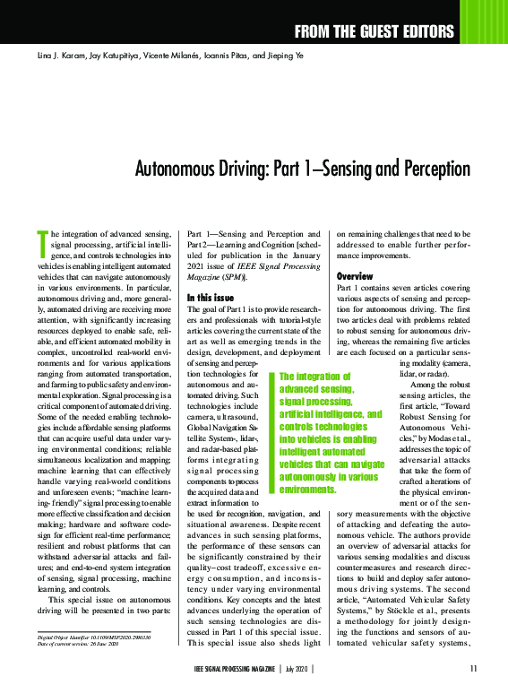 (PDF) Autonomous Driving: Part 1-Sensing and Perception [From the Guest Editors] | Jieping Ye ...