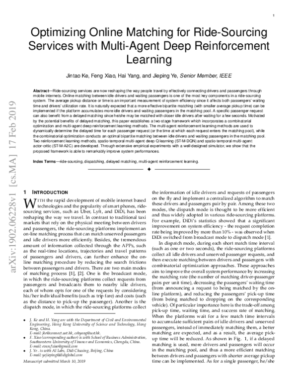 (PDF) Optimizing Online Matching for Ride-Sourcing Services with Multi-Agent Deep Reinforcement ...