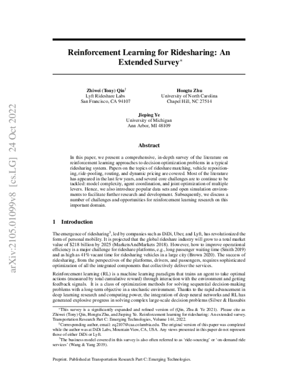 (PDF) Reinforcement learning for ridesharing: An extended survey