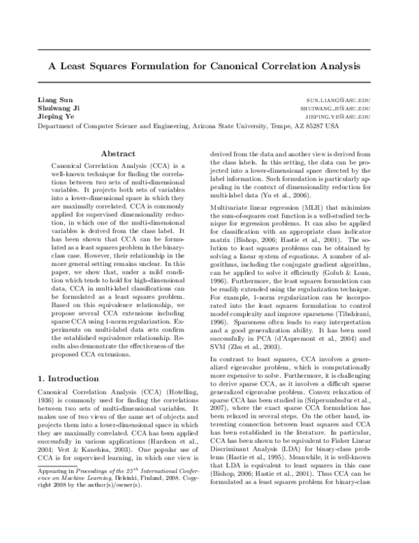 (PDF) A least squares formulation for canonical correlation analysis | Jieping Ye - Academia.edu