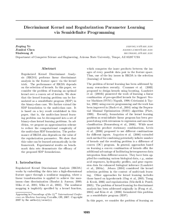(PDF) Discriminant kernel and regularization parameter learning via semidefinite programming