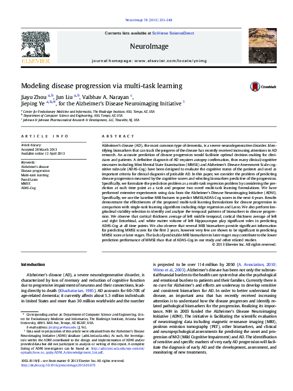 (PDF) Modeling disease progression via multi-task learning | Jieping Ye - Academia.edu