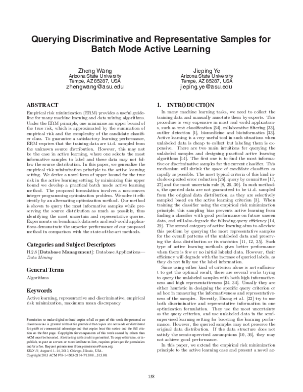 (PDF) Querying discriminative and representative samples for batch mode active learning