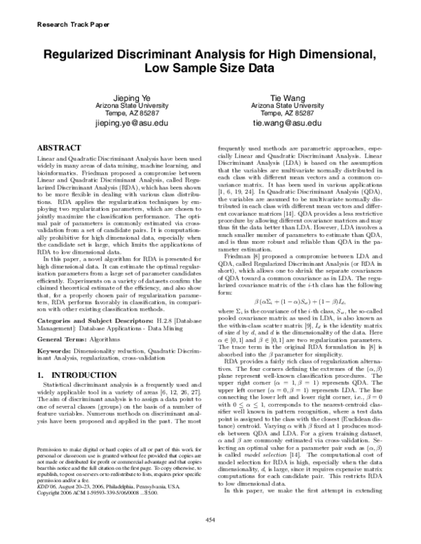 (PDF) Regularized discriminant analysis for high dimensional, low sample size data
