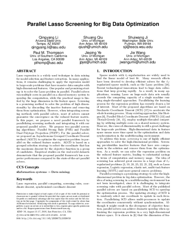 (PDF) Parallel Lasso Screening for Big Data Optimization