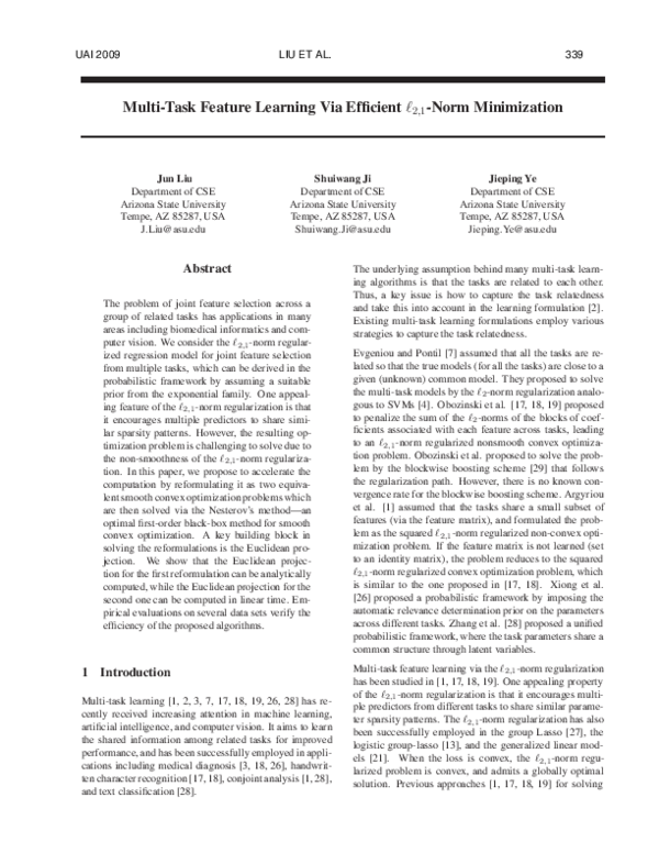 Pdf Multi Task Feature Learning Via Efficient L 2 1 Norm Minimization