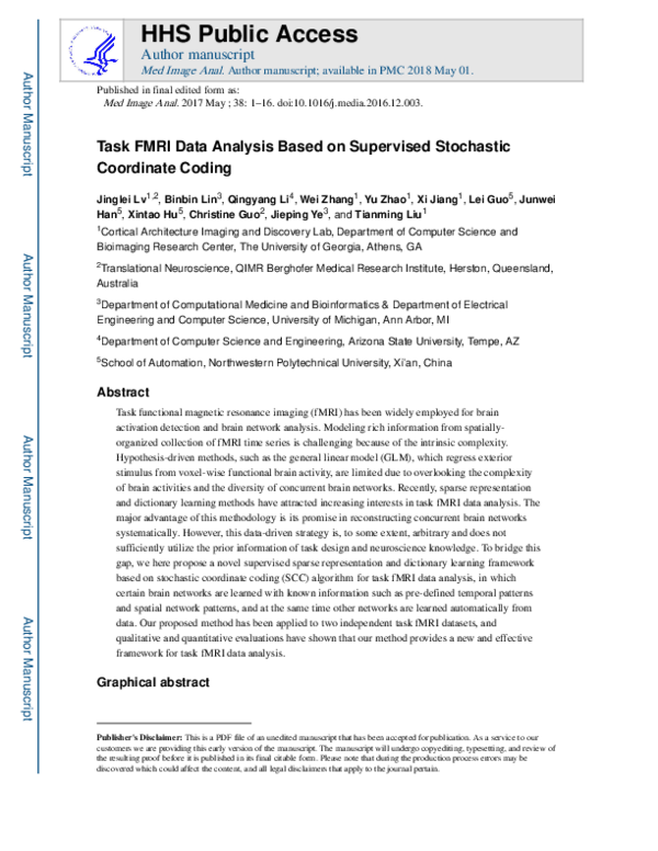 (PDF) Task fMRI data analysis based on supervised stochastic coordinate coding | Jieping Ye ...
