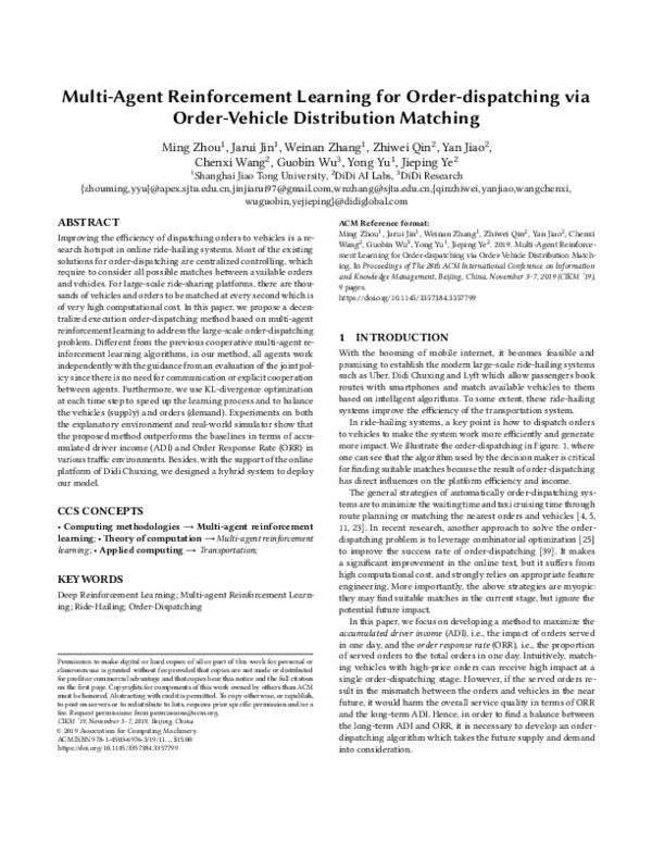 (PDF) Multi-Agent Reinforcement Learning for Order-dispatching via Order-Vehicle Distribution ...