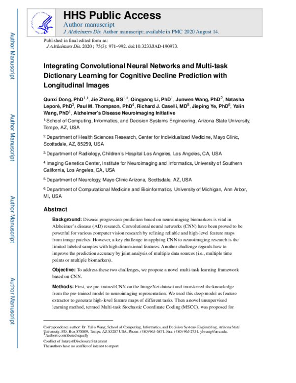 Pdf Integrating Convolutional Neural Networks And Multi Task Dictionary Learning For Cognitive