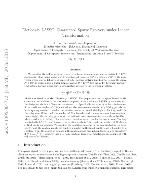 (PDF) Dictionary LASSO: Guaranteed Sparse Recovery under Linear Transformation