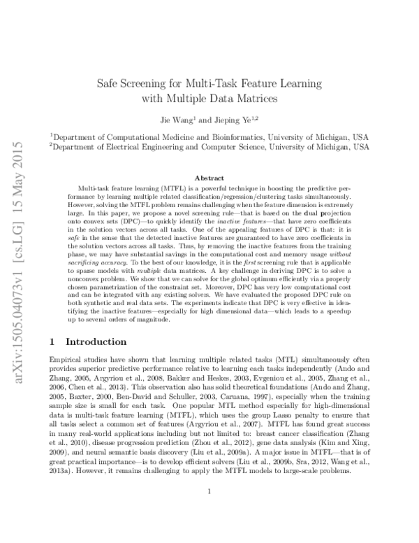 (PDF) Safe Screening for Multi-Task Feature Learning with Multiple Data Matrices