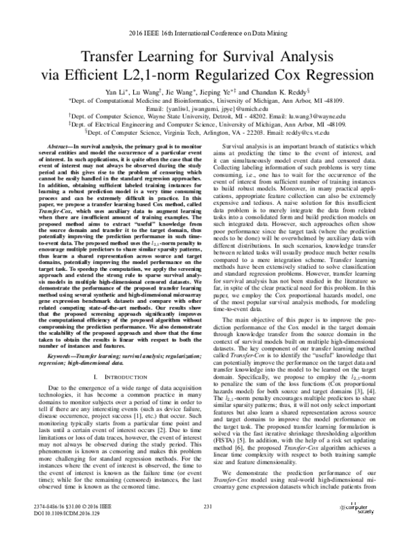 (PDF) Transfer Learning for Survival Analysis via Efficient L2,1-Norm Regularized Cox Regression