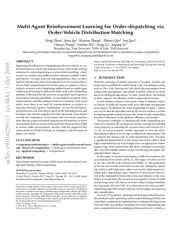 (PDF) Multi-Agent Reinforcement Learning for Order-dispatching via Order-Vehicle Distribution ...