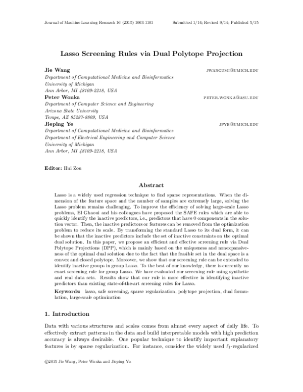 (PDF) Lasso Screening Rules via Dual Polytope Projection | Jieping Ye - Academia.edu