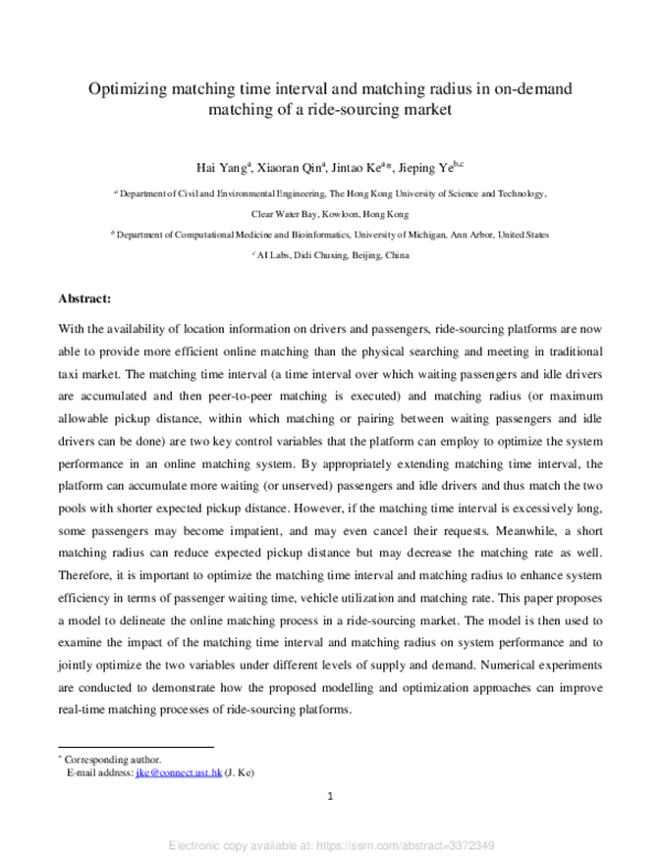 (PDF) Optimizing matching time interval and matching radius in on-demand ride-sourcing markets