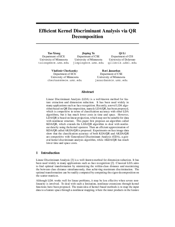 (PDF) Efficient Kernel Discriminant Analysis via QR Decomposition