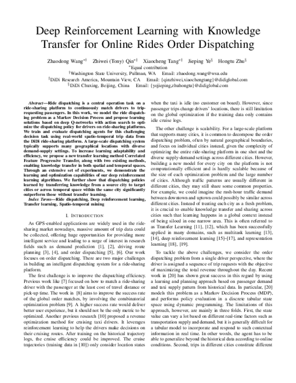 (PDF) Deep Reinforcement Learning with Knowledge Transfer for Online Rides Order Dispatching
