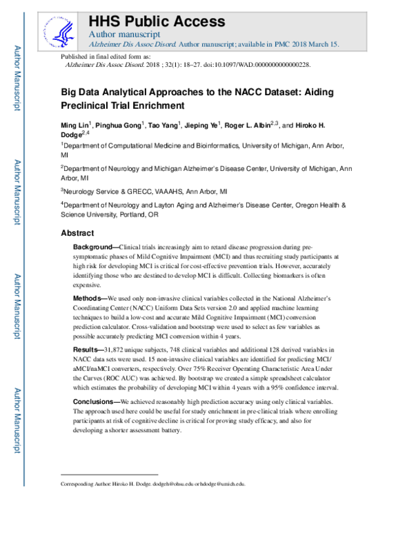 (PDF) Big Data Analytical Approaches to the NACC Dataset