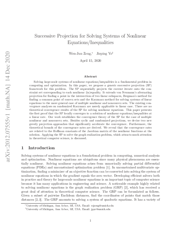 (PDF) Successive Projection for Solving Systems of Nonlinear Equations/Inequalities