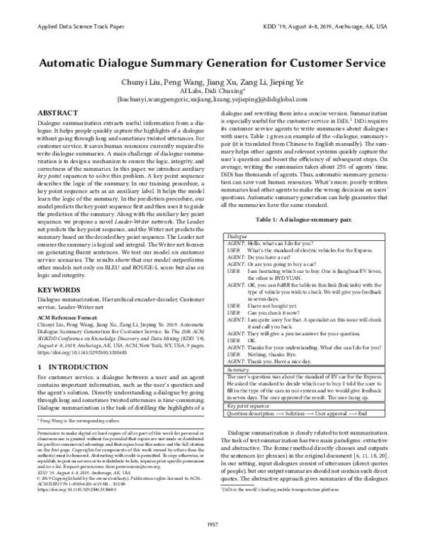 (PDF) Automatic Dialogue Summary Generation for Customer Service ...