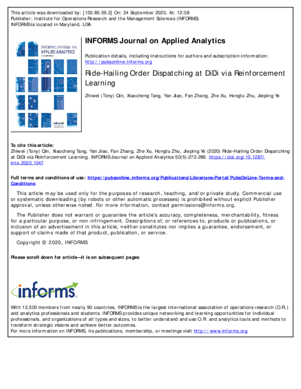 (PDF) Ride-Hailing Order Dispatching at DiDi via Reinforcement Learning