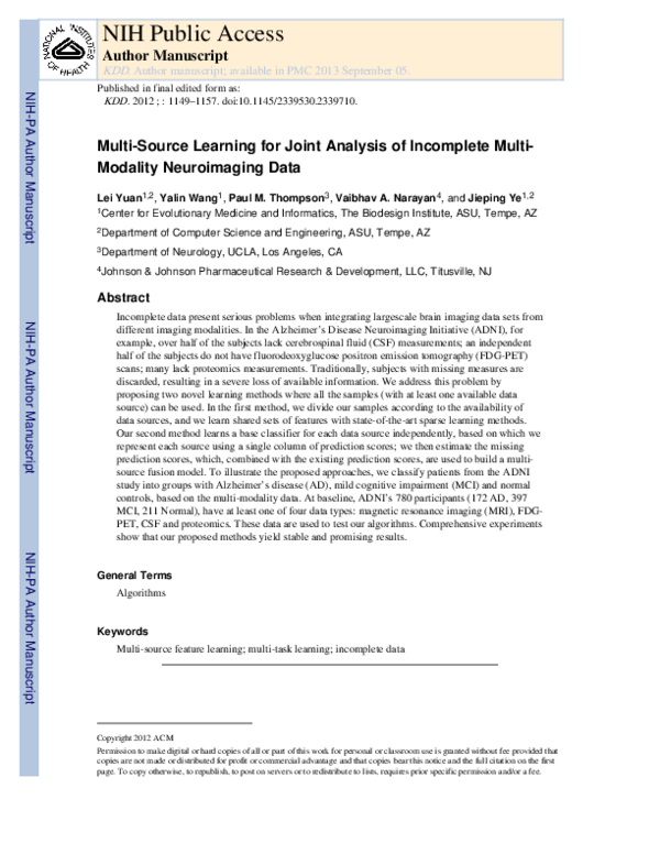 (PDF) Multi-source learning for joint analysis of incomplete multi-modality neuroimaging data