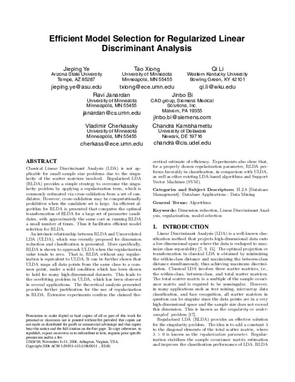 (PDF) Efficient model selection for regularized linear discriminant analysis
