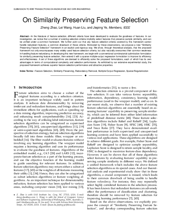 (PDF) On Similarity Preserving Feature Selection