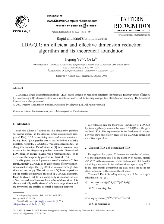 (PDF) LDA/QR: an efficient and effective dimension reduction algorithm and its theoretical ...