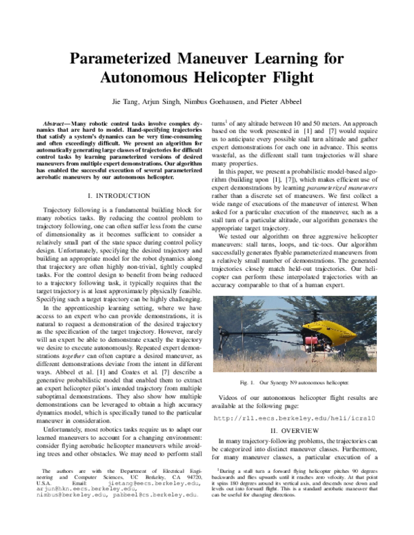 (PDF) Parameterized maneuver learning for autonomous helicopter flight