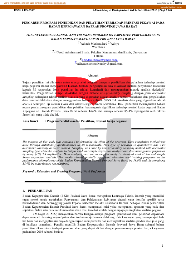 (PDF) Pengaruh Program Pendidikan dan Pelatihan terhadap Prestasi Kerja Pegawai pada Badan ...