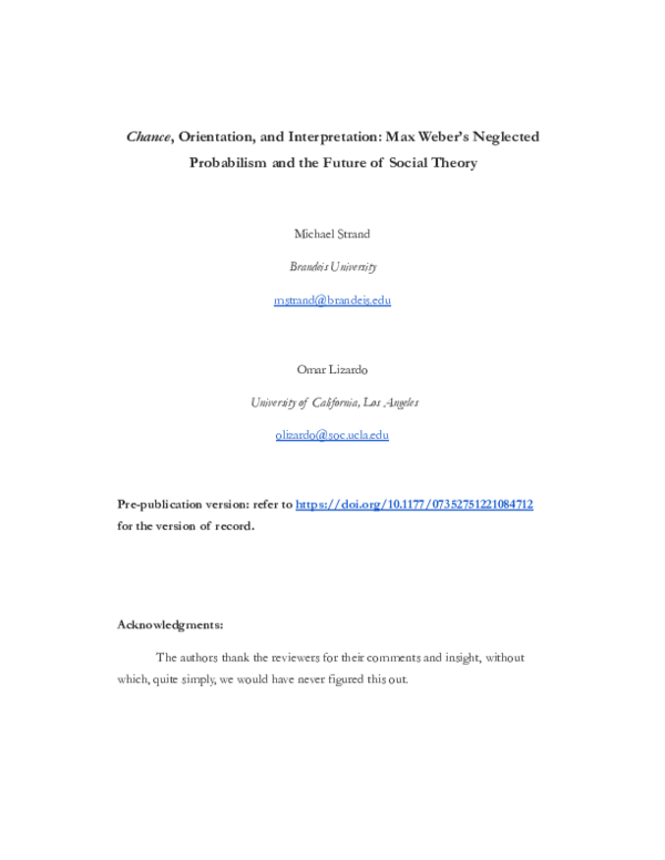 (PDF) Chance, Orientation, and Interpretation: Max Weber’s Neglected ...