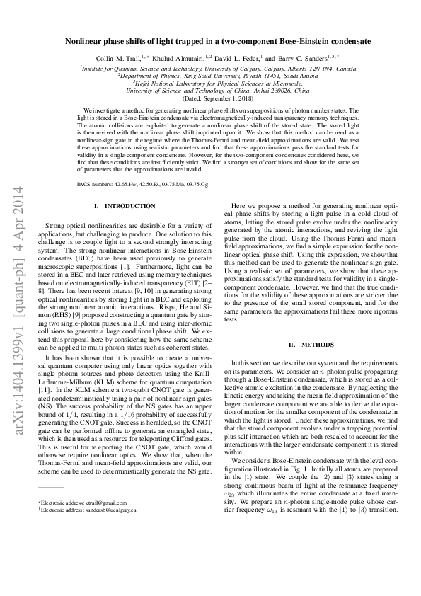 Pdf Nonlinear Phase Shifts Of Light Trapped In A Two Component Bose Einstein Condensate