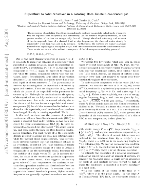 Pdf Superfluid To Solid Crossover In A Rotating Bose Einstein Condensate