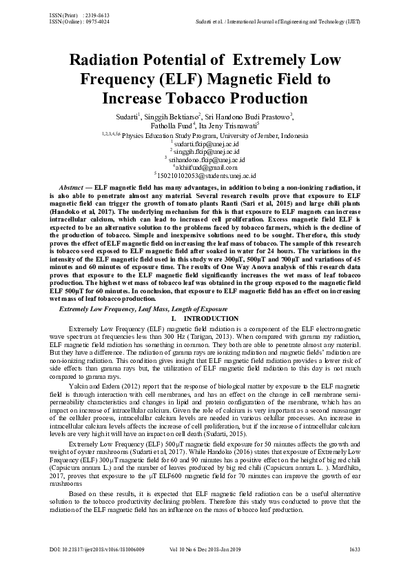 (PDF) Radiation Potential of Extremely Low Frequency (ELF) Magnetic Field to Increase Tobacco ...