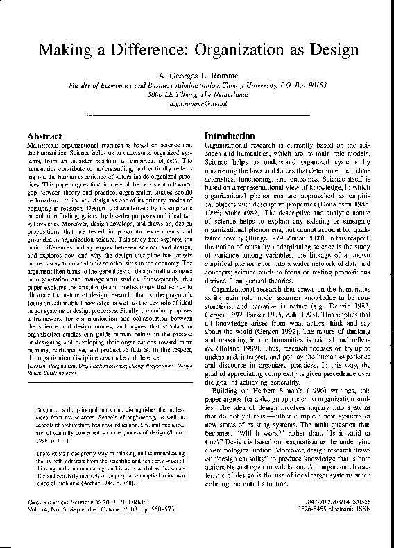 (PDF) Making a Difference: Organization as Design | Georges Romme - Academia.edu