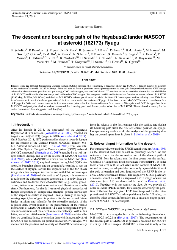 (PDF) The descent and bouncing path of the Hayabusa2 lander MASCOT at ...