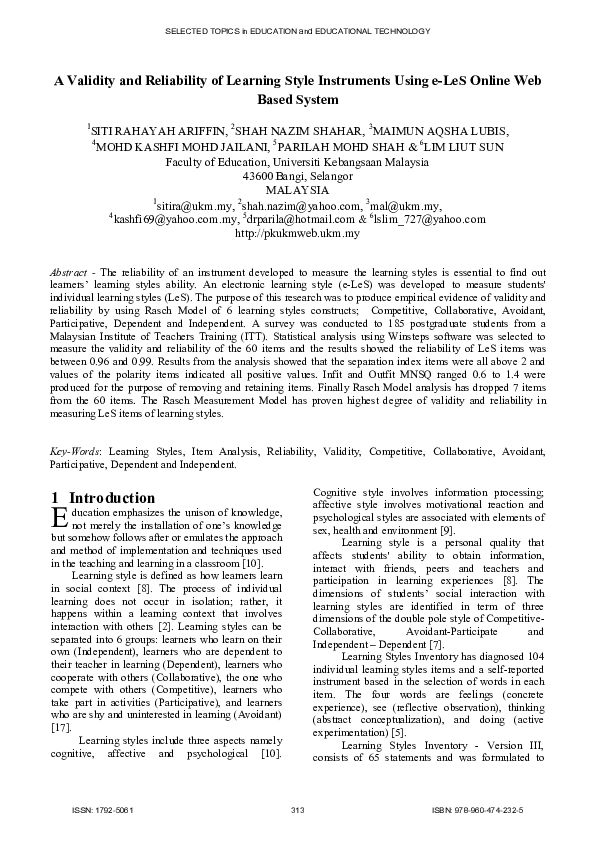 (PDF) A Validity and Reliability of Learning Style Instruments Using e-LeS Online Web Based System