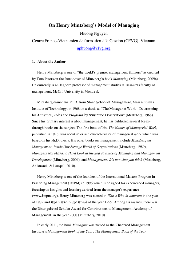 (PDF) On Henry Mintzberg's Model of Managing