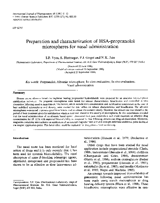 (PDF) Preparation and characterization of HSA-propranolol microspheres ...