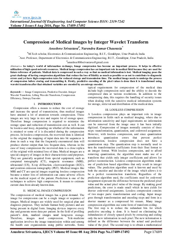 (PDF) Compression of Medical Images by Integer Wavelet Transform