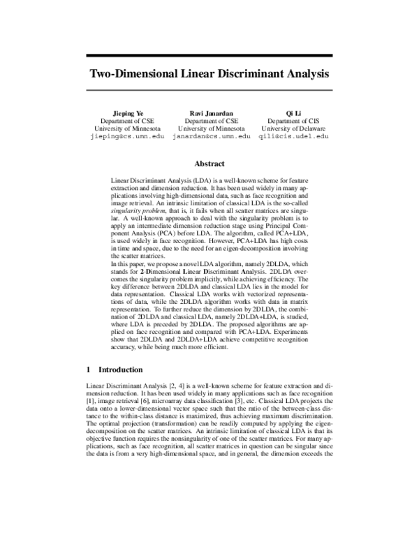 (PDF) Two-Dimensional Linear Discriminant Analysis