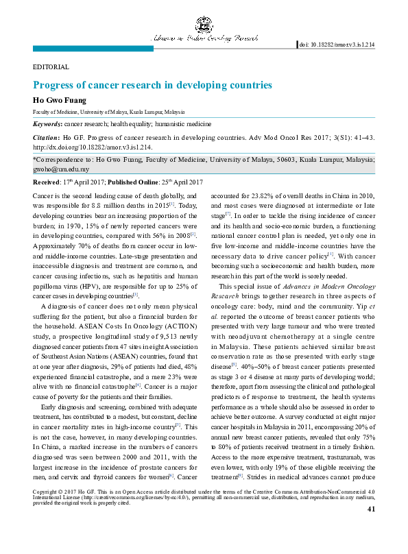 (PDF) Progress of cancer research in developing countries